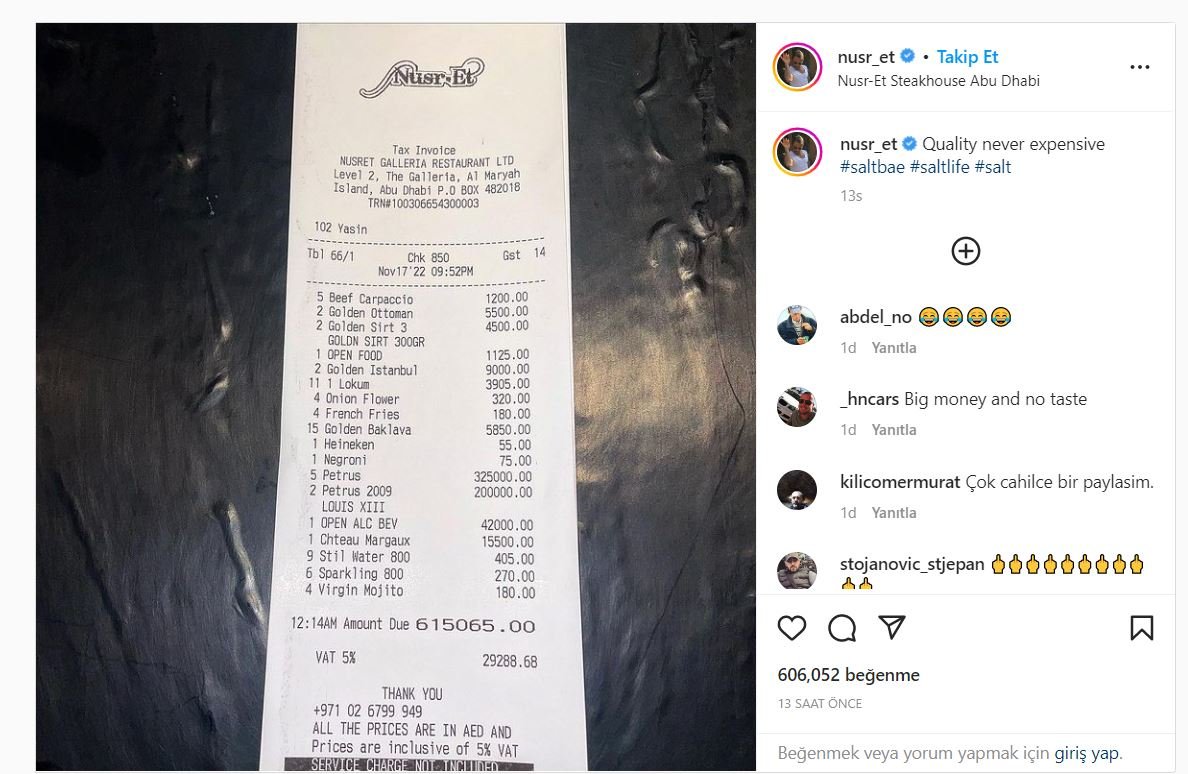 Nusret paylaştı: 3.1 milyon TL hesap geldi - Sözcü